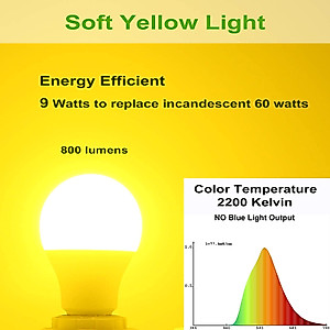 GREENIC 60 Watt Yellow Light Bulbs 2-Pack 120V E26 Base Led bulb A19 800Lm 2200k Porch Light for Outdoor Indoor Bedroom Yard