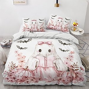 AopGlyvyr Cute Ghost Duvet Cover Queen Size, Halloween Comforter Cover, Spooky Bedding Set, Breathable Duvet Cover with Zipper Closure, 3 Pieces, 1 Duvet Cover and 2 Pillowcase