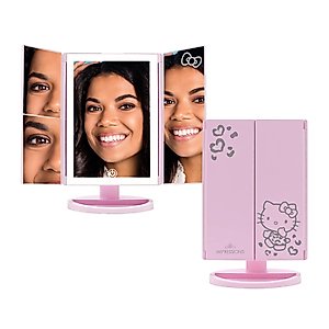 Impressions Makeup Vanity Hello Kitty, Trifold With LED Lights Tri-Tone Mirror with Touch Sensor and Three Adjustable Panels, Handheld Magnifying Mirror (Pink)