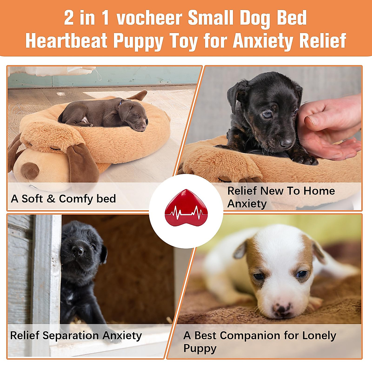 vocheer Heartbeat Puppy for Dogs Bed Anxiety Relief Plush Stuffed Animal Dog First Aid Kit with 1 Heating Pack,Small Size, 17 * 13.8", Light Brown