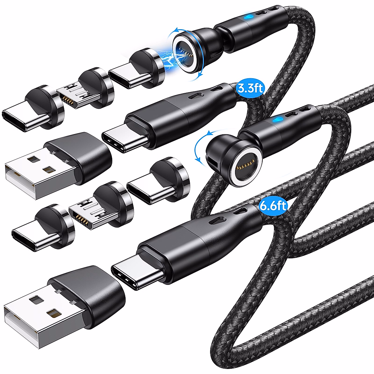 Magnetic USB C to USB C Cable 60W(3A) (2Pack, 3.3/6.6ft), 360°&180° Rotating Magnetic Charging Cable/Magnetic Phone Charger Cable/USB C Charging Cable-Data Transfer for Type C/Micro USB/i-Product