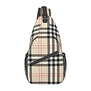 Wulilenxue Beige Check Tartan Plaid Sling Backpack, Crossbody Triangle Sling Bag Casual Chest Bags, Travel Hiking Daypack for Men Women Shoulder Bag