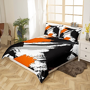 Hipple Graffiti Duvet Cover Set King Size,Abstract Street Art Comforter Cover with 2 Pillowcases,3 Piece,Black White Orange Bedding Set for Adult Young Bedroom Xmas Gift