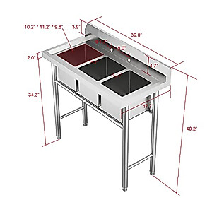 Bonnlo 3-Compartment 304 Stainless Steel Utility Sink Commercial Grade Laundry Tub Culinary Sink for Outdoor Indoor, Garage, Restaurant, Kitchen, Laundry/Utility Room - 39” W x 18” D x 40.2” H