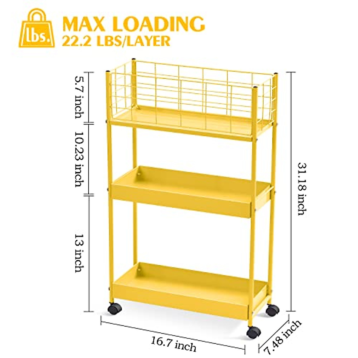 KINGRACK Slim Storage Cart,3-Tier Metal Utility Rolling Cart with Lockable Wheels, Storage Craft Art Cart Trolley Organizer Serving Cart for Bathroom, Living Room, Kids' Room, Classroom,Yellow