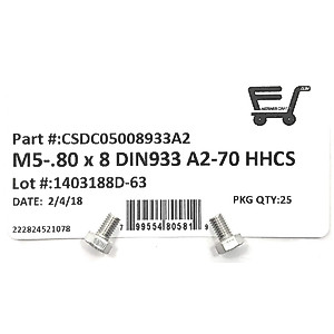 M5-.80 X 8 Hex Head Cap Screw Hex Bolts DIN933 (M5x8) Full Thread A2-70 Stainless Steel (25 Pieces)