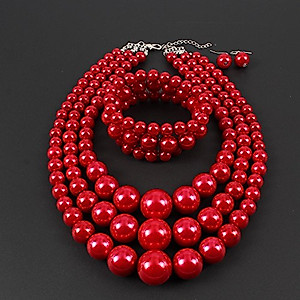 KOSMOS-LI Large Pearl Jewelry Set 3 Layer Simulated Red Pearl Women's Statement 18" Necklace Bracelet and Earrings