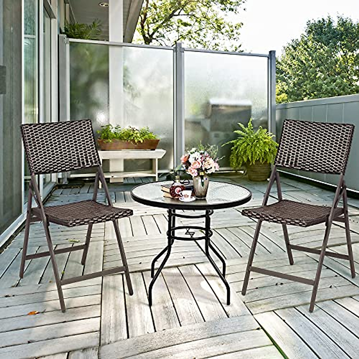 Tangkula 2 Pieces Patio Rattan Folding Dining Chairs, Outdoor Wicker Folding Chairs with Anti-Rust Steel Frame, Portable Patio Furniture Bistro Chairs for Garden, Poolside and Backyard