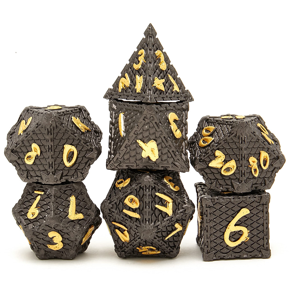 MS hong Metal D&D Dice Set,7 Pieces Dragon Scale Metallic Die with Velvet Pouch for Dungeons and Dragons RPG MTG Table Games Pathfinder Shadowrun Math Teaching Scales-dragons Tattoo-black