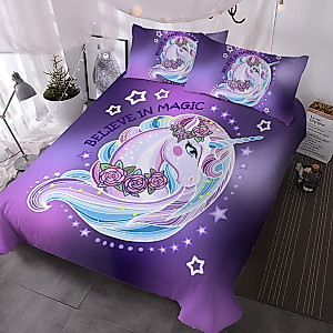 BlessLiving King Unicorn Bedding Set Purple Unicorn Bed Set 3 Piece Soft Girl Comforter Cover, Cartoon Unicorn Bedspreads Kids, Teens and Women, King Size
