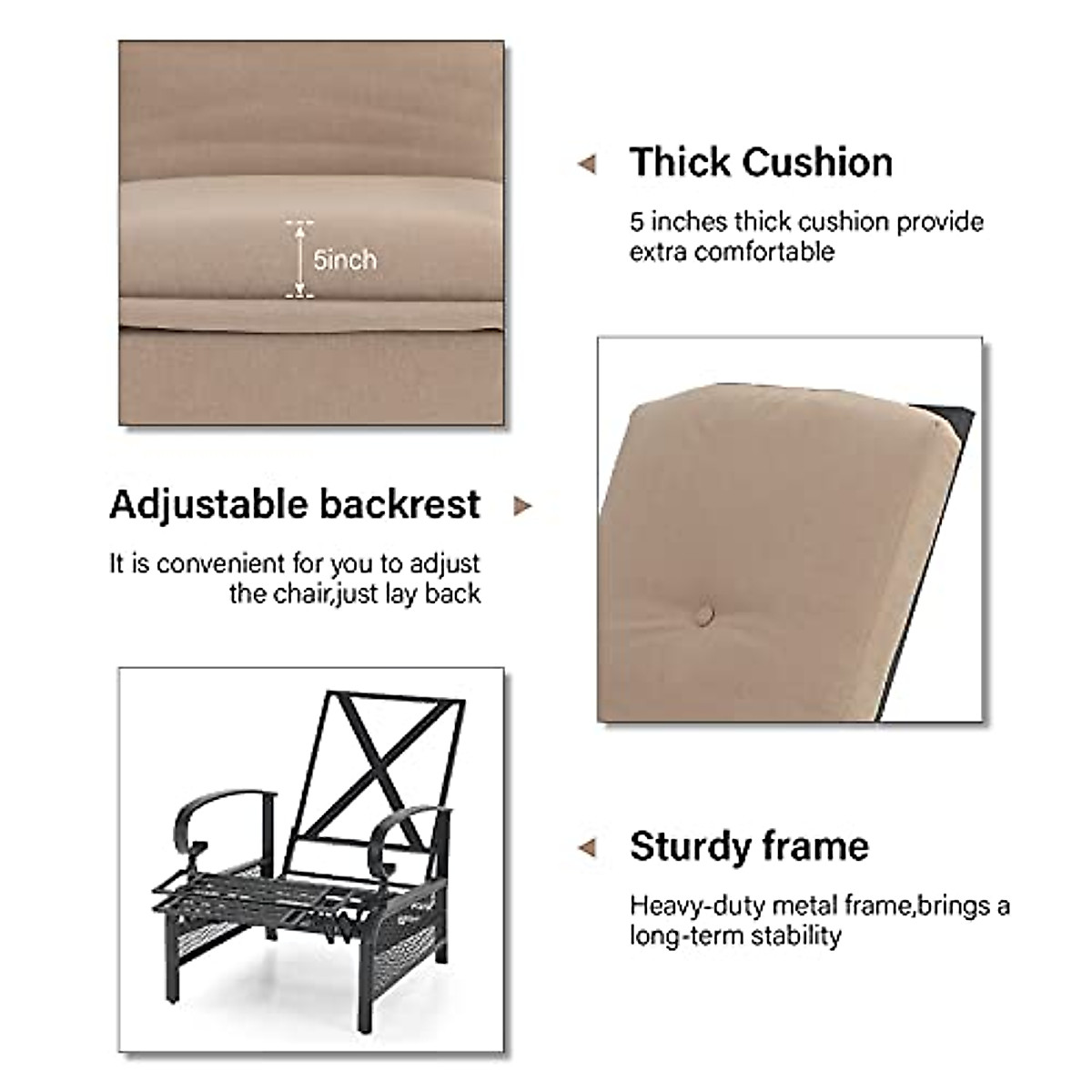 MFSTUDIO Patio Recliner Chair Metal Adjustable Back Outdoor Lounge Chair with 100% Olefin Cushion(Beige)