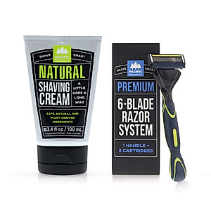 Pacific Shaving Company Premium 6-Blade Razor System and Natural Shaving Cream 3.4 oz Bundle - Ergonomic Weighted Razor Handle and 5 Blades with Safe, Natural Shave Cream (1ea)