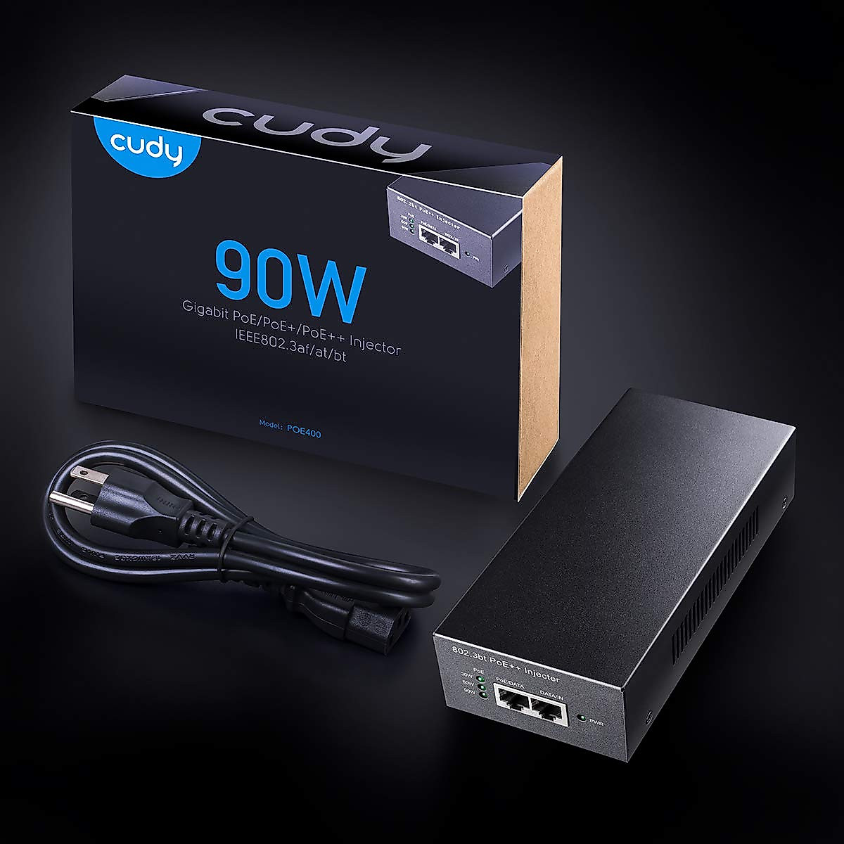 Cudy POE400 90W Gigabit Ultra PoE++ Injector Adapter, IEEE 802.3 bt /802.3at/802.3af Compliant, Up to 90W Ultra Power Supply, 10/100/1000Mbps Shielded RJ-45, Plug & Play, Metal housing