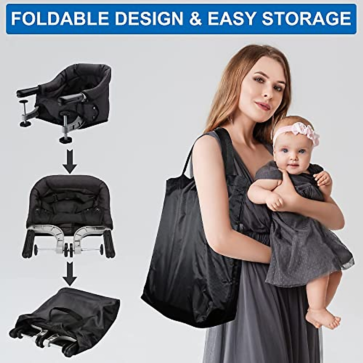 Hook On High Chair, Jozzve Baby High Chair, Portable High Chair for Travel, Foldable Fast Table Chair with Storage Bag, Baby Feeding Seat Clip On High Chair for Home and Travel (Black)