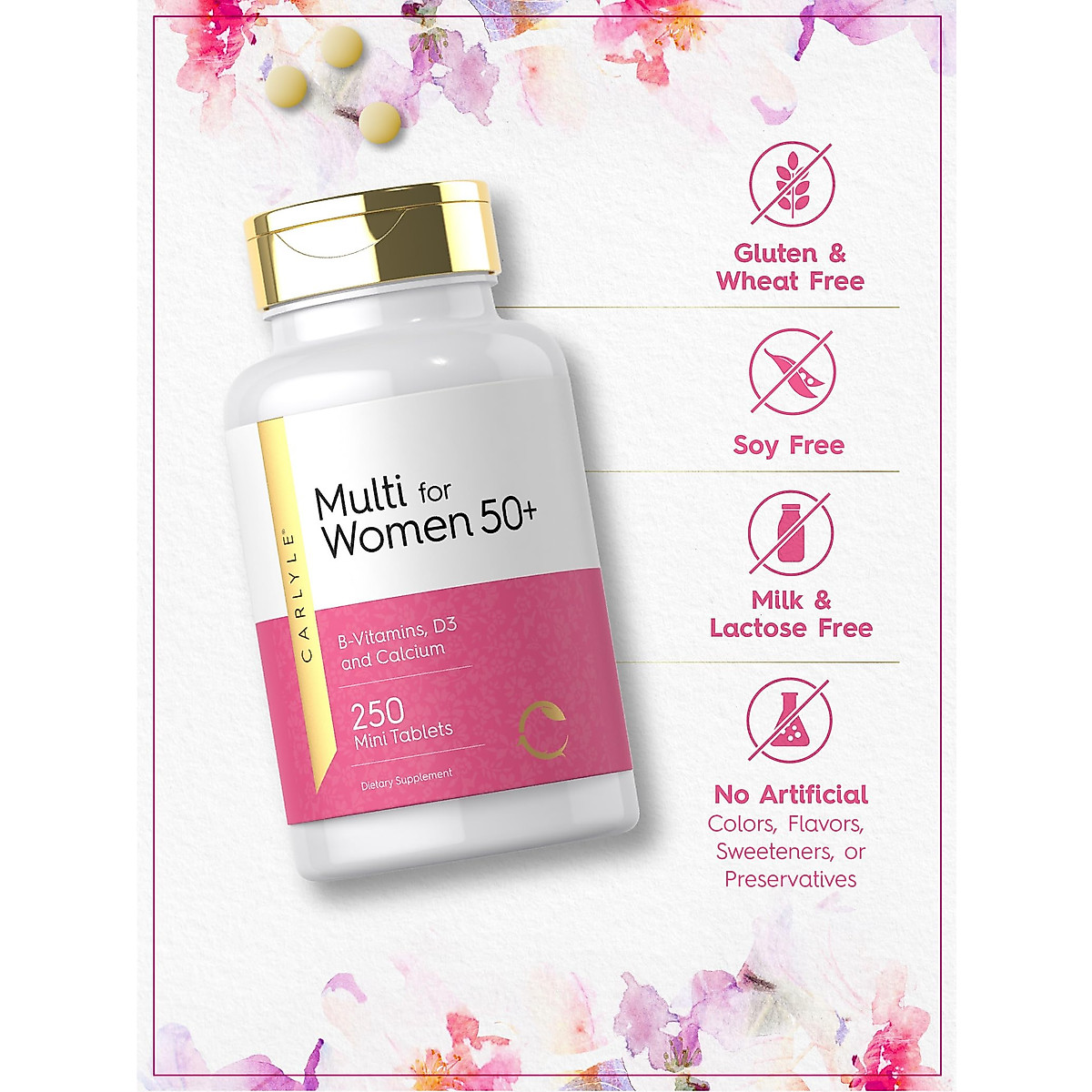 Carlyle Multivitamin for Women 50 and Over | 250 Caplets | Iron Free | with B-Vitamins, D3, and Calcium | for Women 50 Plus | Gluten Free