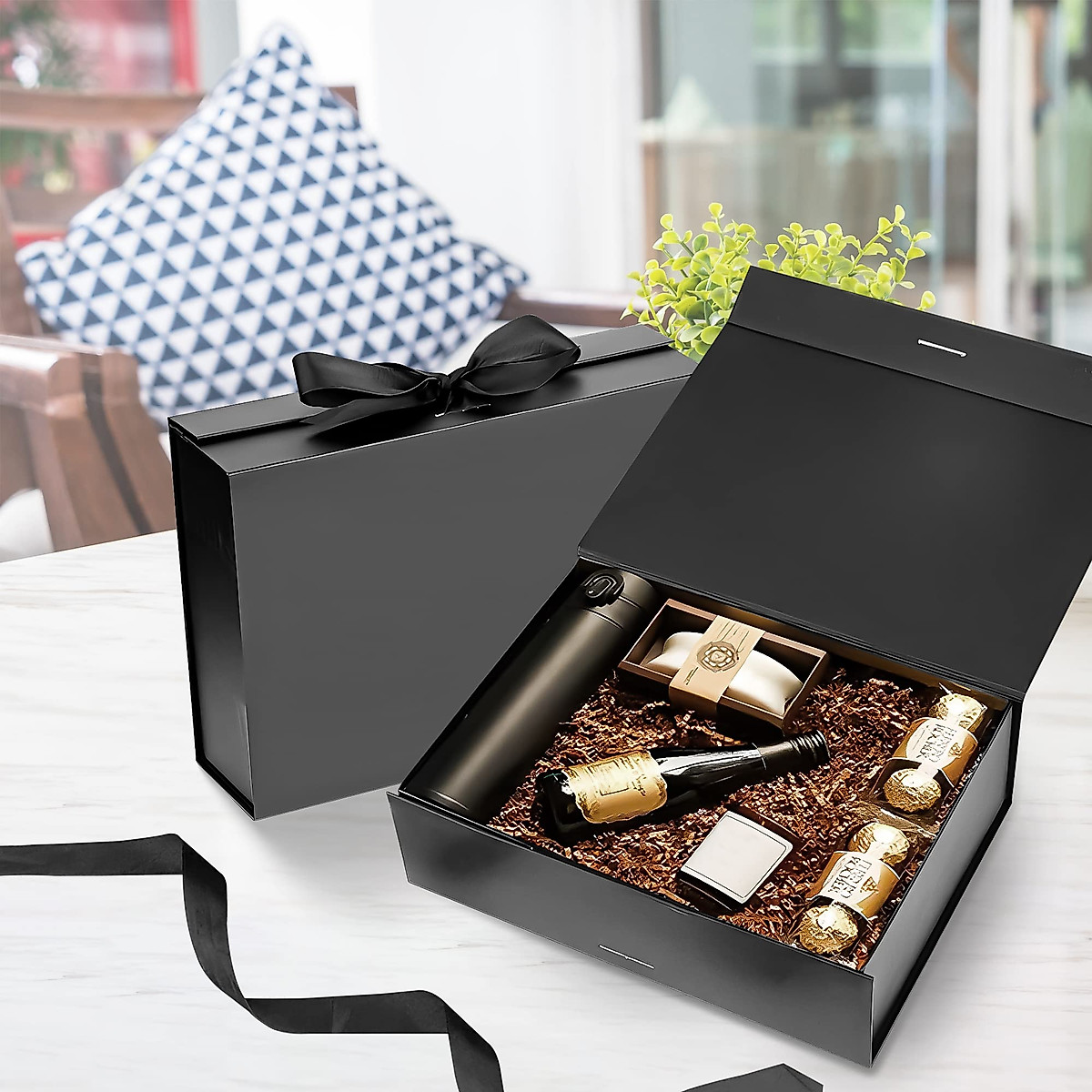 AJH3 ESSENTIALS Deluxe Gift Box: Elegant 10.5x7.5x3.1 Inches Box with Ribbon and Magnetic Closure - Great for All Occasions (1 Pack) (Black)