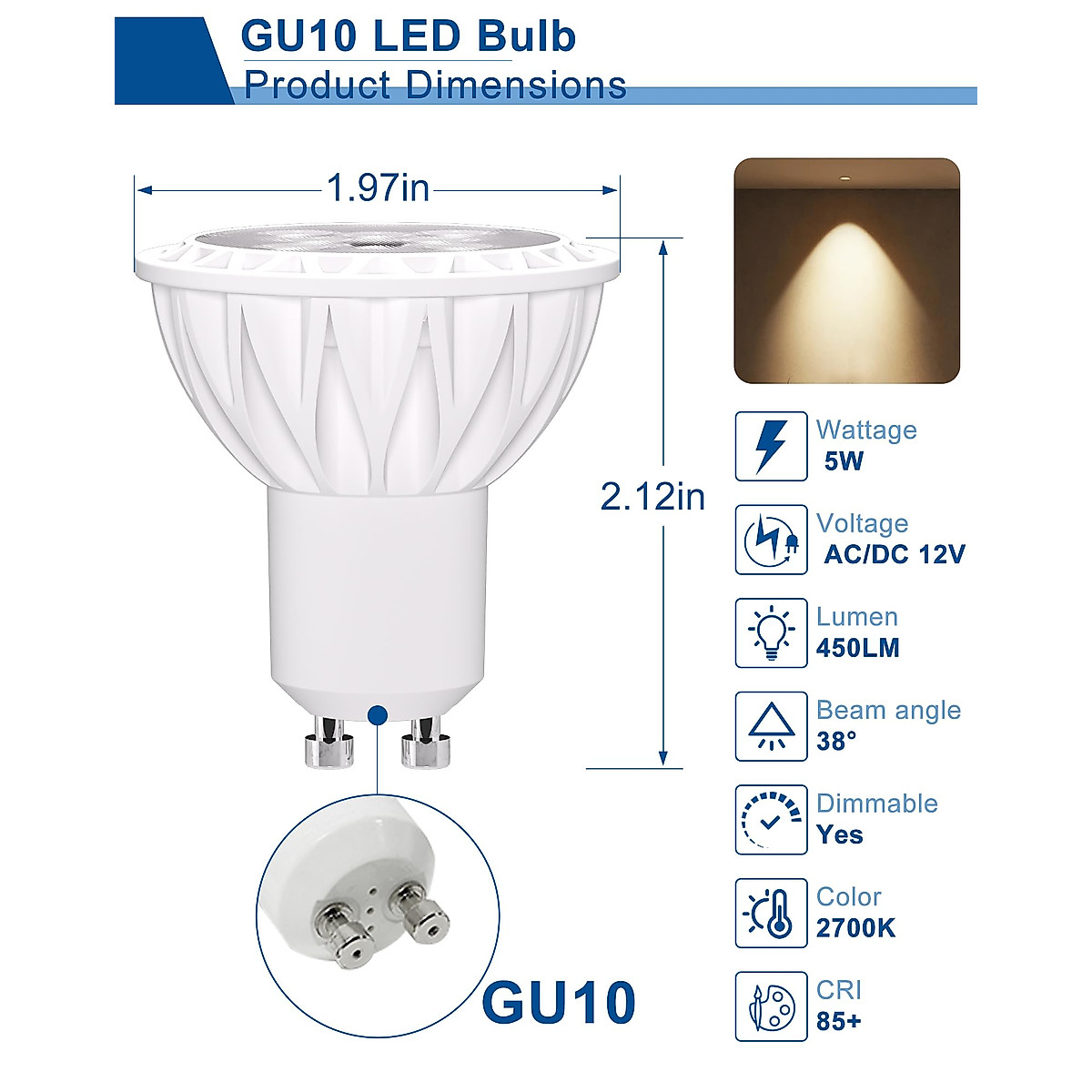 GOHDLAMP GU10 LED Bulbs Dimmable, 5W 50 Watt Equivalent LED Bulb, 2700K Warm White 450 Lumen GU10 Bulb Standard Base, LED Bulb Replacement for Track Light Bulbs, 38° Beam Pack of 6