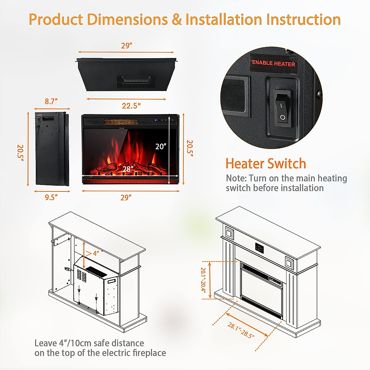 S AFSTAR 29 Inches Electric Fireplace Insert, 900/1350W Recessed Electric Fireplace w/ 3 Available Flame Colors & 4 Brightness, Touch Screen & Remote Control, Wall Mounted Electric Fireplace Heater
