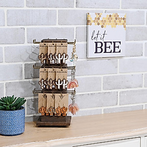 Ikee Design Elegant Wooden Rotating Jewelry Tower, 36 Hooks for Earrings, Bracelets, and Keychains, Versatile Countertop Rack for Store, Tradeshow, and Home, Brown Color