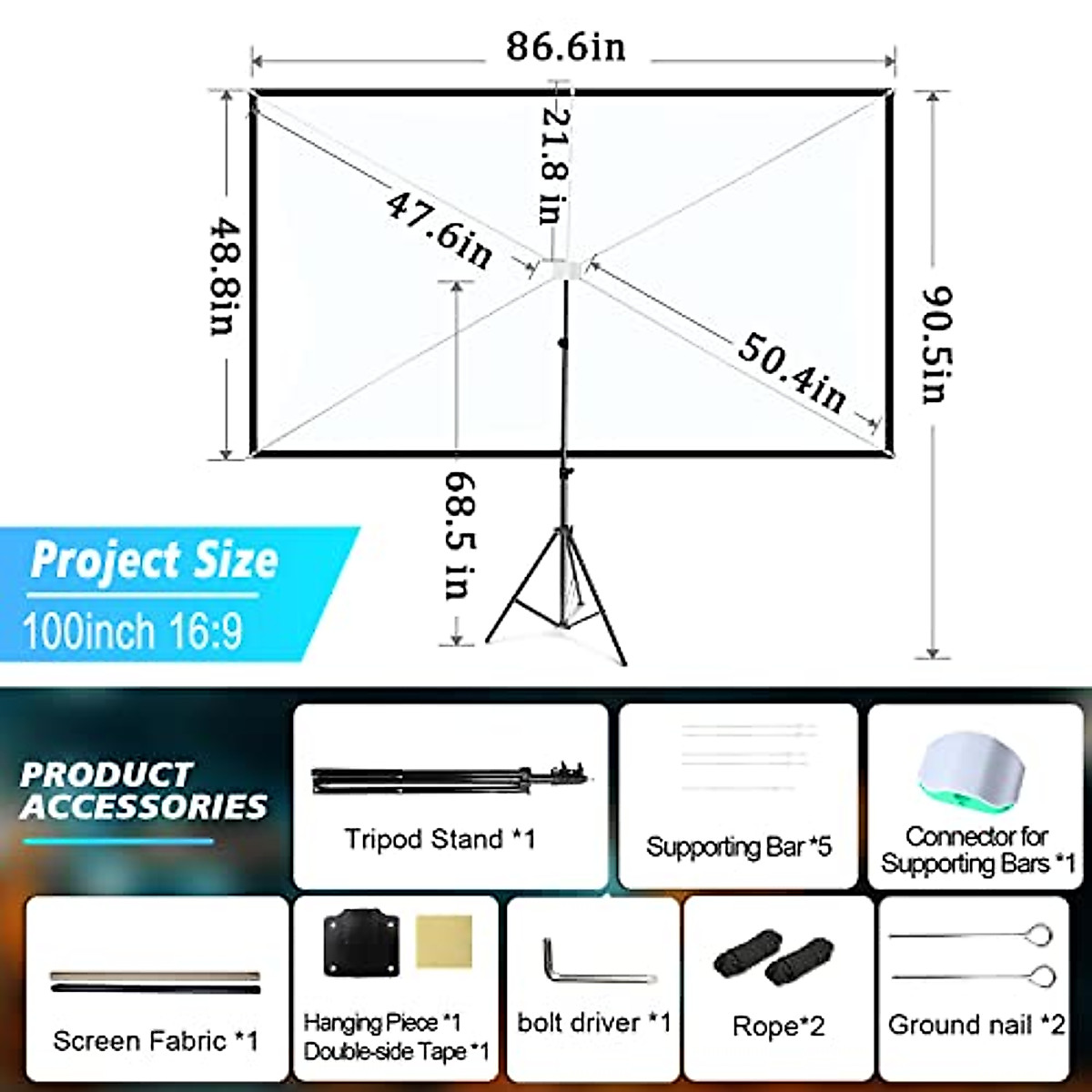 OWLENZ 100" New Upgrade PVC Projector Screen with Tripod Stand 16:9 4K HD Anti Crease Portable Projection Screen for Indoor Outdoor Movie Nights Film Screen