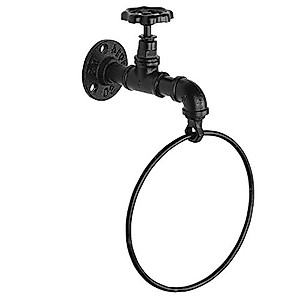 MyGift Industrial Faucet Pipe Metal Black Towel Ring, Wall Mounted Hand Towel Holder Hanging Rack