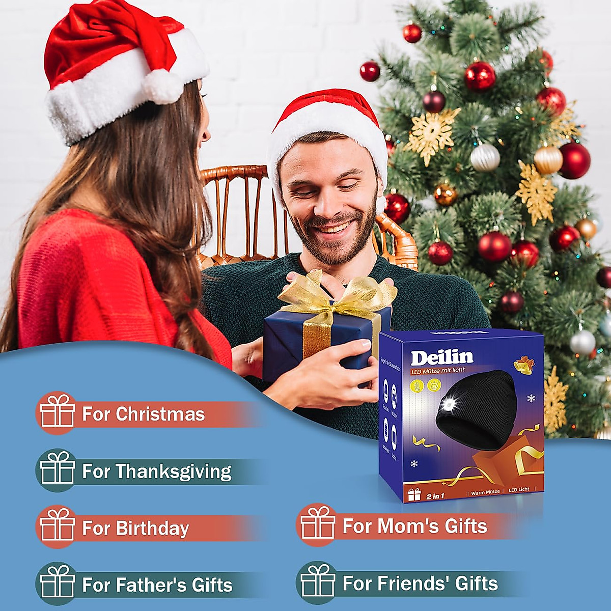 Deilin Beanie with Light, Guy Gifts, LED Beanie Hat with Light Rechargable Flashlight Hat Headlamp Beanie(Black