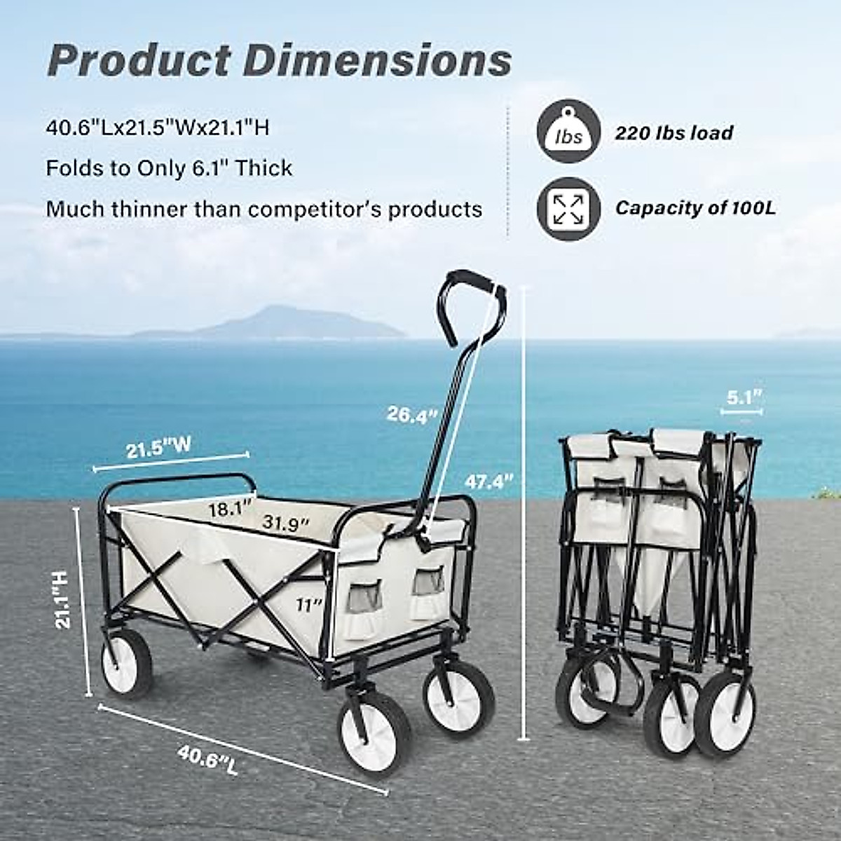 YSSOA Portable Rolling Folding Garden Cart with 360 Degree Swivel Anti-Slip Wheels & Adjustable Handle, 220lbs Weight Capacity, White
