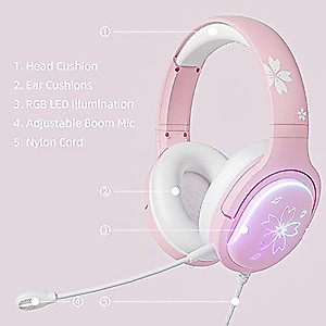 Mytrix Sakura Pink Cherry Blossoms Gaming Headset, 360° Rotation Mic, Soft Earmuff Headphone for PS4, PS5, Xbox, PC & MAC, Switch, RGB Gradient Light Effect (Renewed)