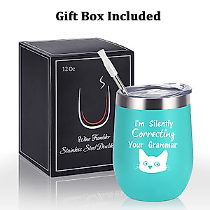Qtencas Cat I'm Silently Correcting Grammar Wine Tumbler, Christmas Birthday Gifts for English Teachers, Grammar Police, Cat Lovers, Women, Funny Insulated Stainless Steel Tumbler (12Oz, Mint)