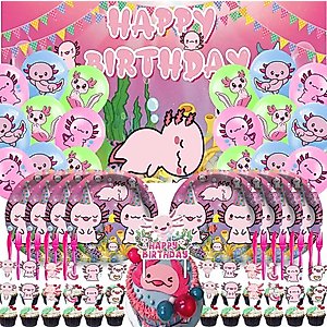 Axolotl Birthday Party Decorations Party Supplies Plates Balloons Banner Cake Toppers Plastic Cutlery Disposable Knives Forks Set Decorations Decor