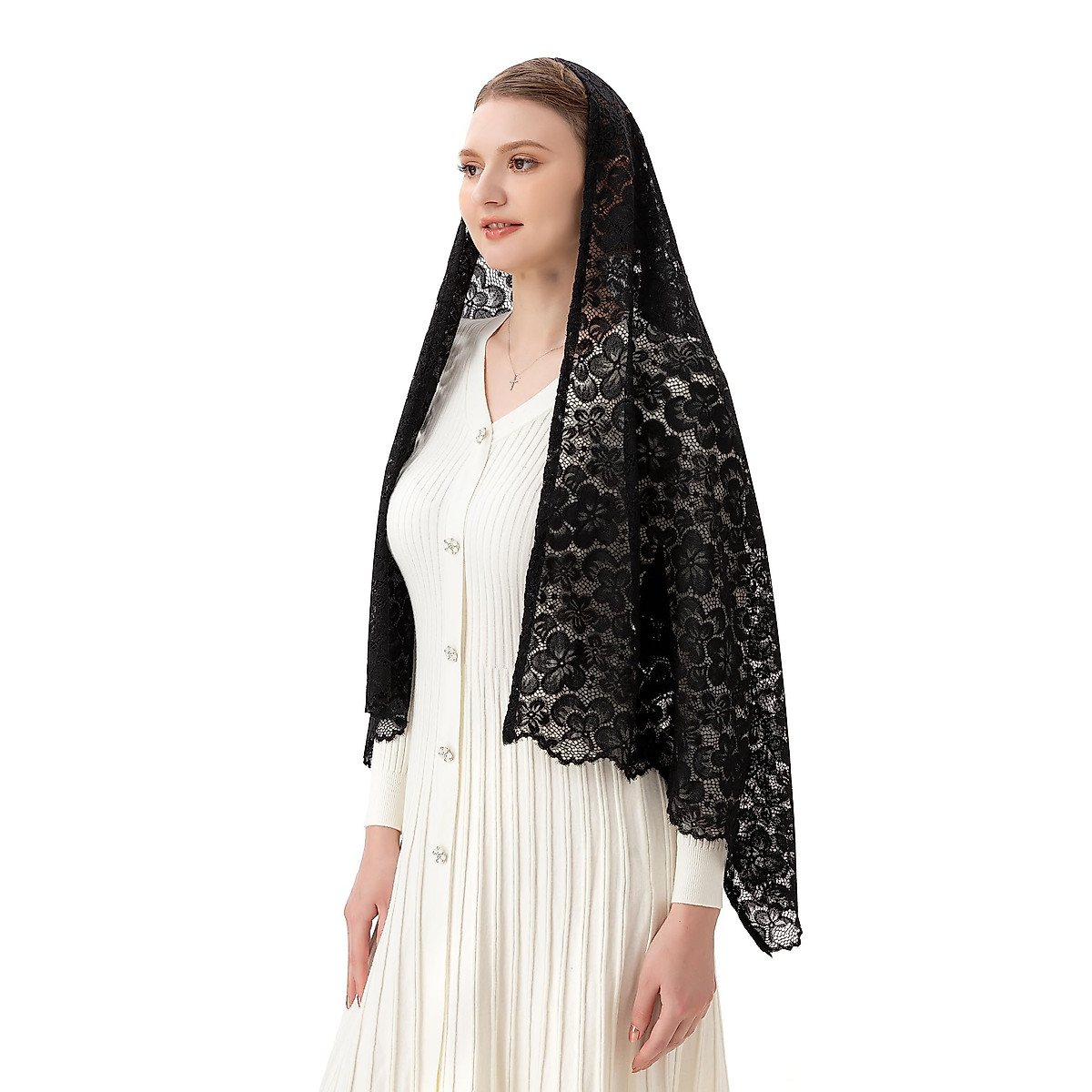 PAMOR Women Rectangular Chapel Veil Scarf Catholic Church Veils Mantilla Wrap Shawl Mass Head Covering (Black)