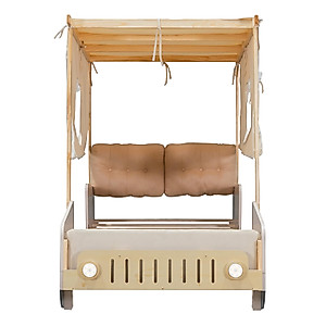 Harper & Bright Designs Twin Size Kids Car Bed with Pillow, Ceiling Cloth and LED Light, Twin Playhouse Bed Frame, Kids Canopy Bed, Wood Twin Platform Bed for Kids Boys Girls Teens (Natural, Twin)