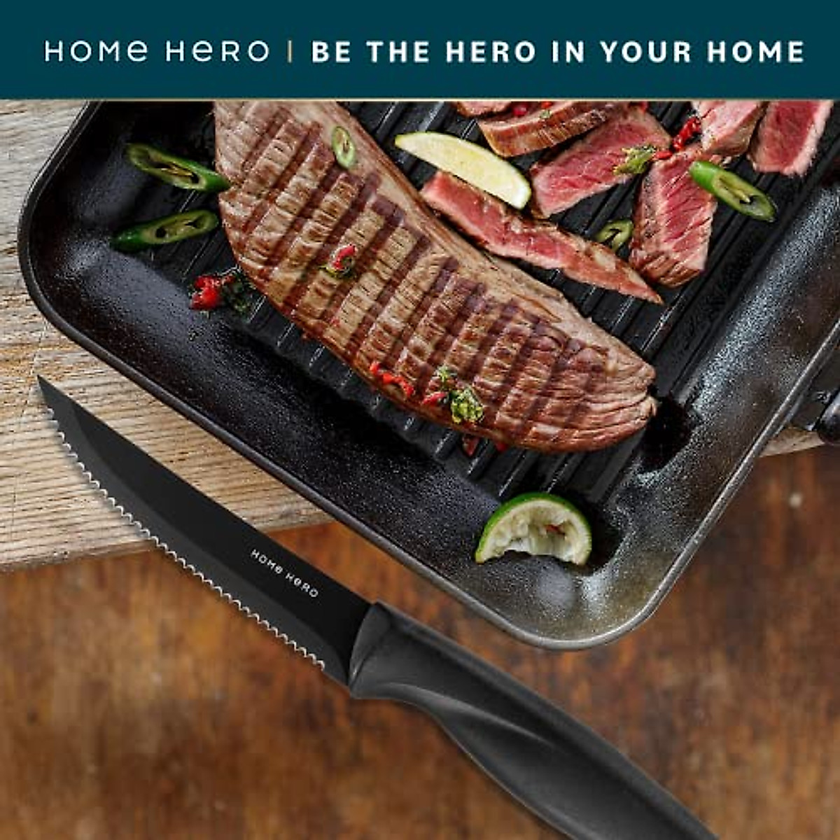 Home Hero Kitchen_Knife with Ultra-Sharp High Carbon Stainless Steel Blade for Kitchen with Ergonomic Handle Black, 8 Piece Set