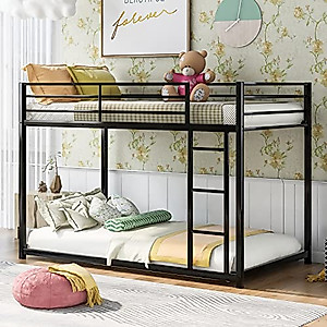 Twin Over Twin Metal Bunk Bed Frame with Safety Guard Rail and Ladder, Space-Saving, No Box Spring Needed, Noise Free (Black)