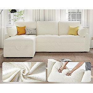 VanAcc Pull Out Sofa Bed, Modern Tufted Convertible Sleeper Sofa, Boucle Sleeper Sectional Couch Bed with Storage Chaise, L Shaped Sofa Couch for Living Room (White)