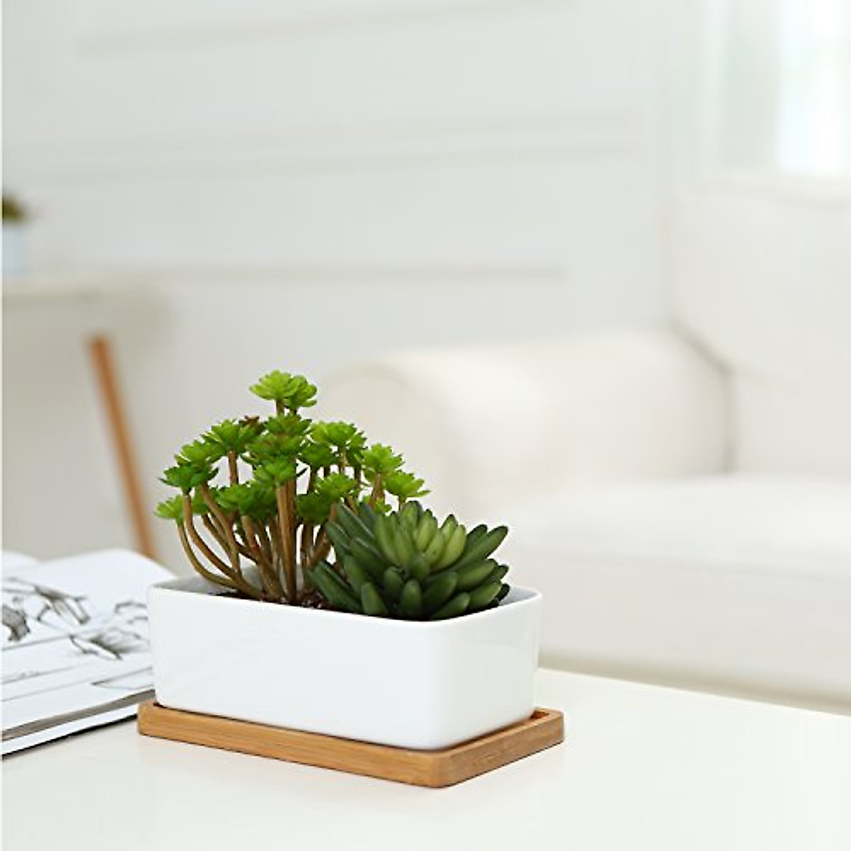MyGift White Ceramic Plant Pots with Drainage, Rectangular Succulent Planter with Removable Bamboo Saucers, Set of 2