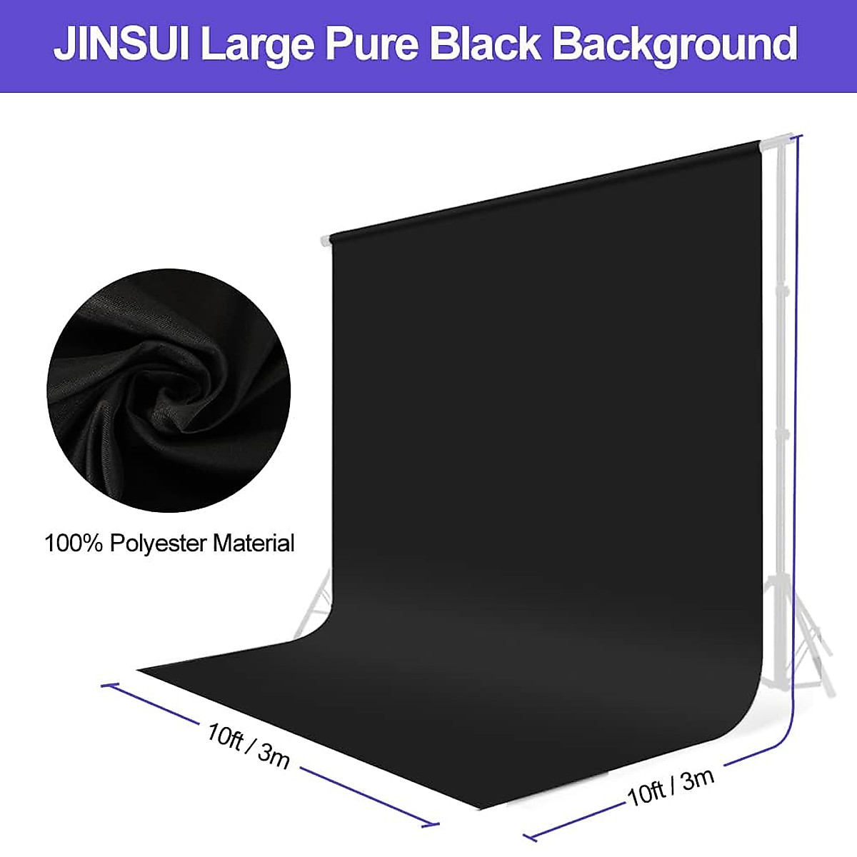 Black Backdrop 10x10ft for Photoshoot, Polyester Fabric Black Photo Backdrop Curtain Background for Photography Portrait Picture, Seamless Black Screen for Video Studio Party Film