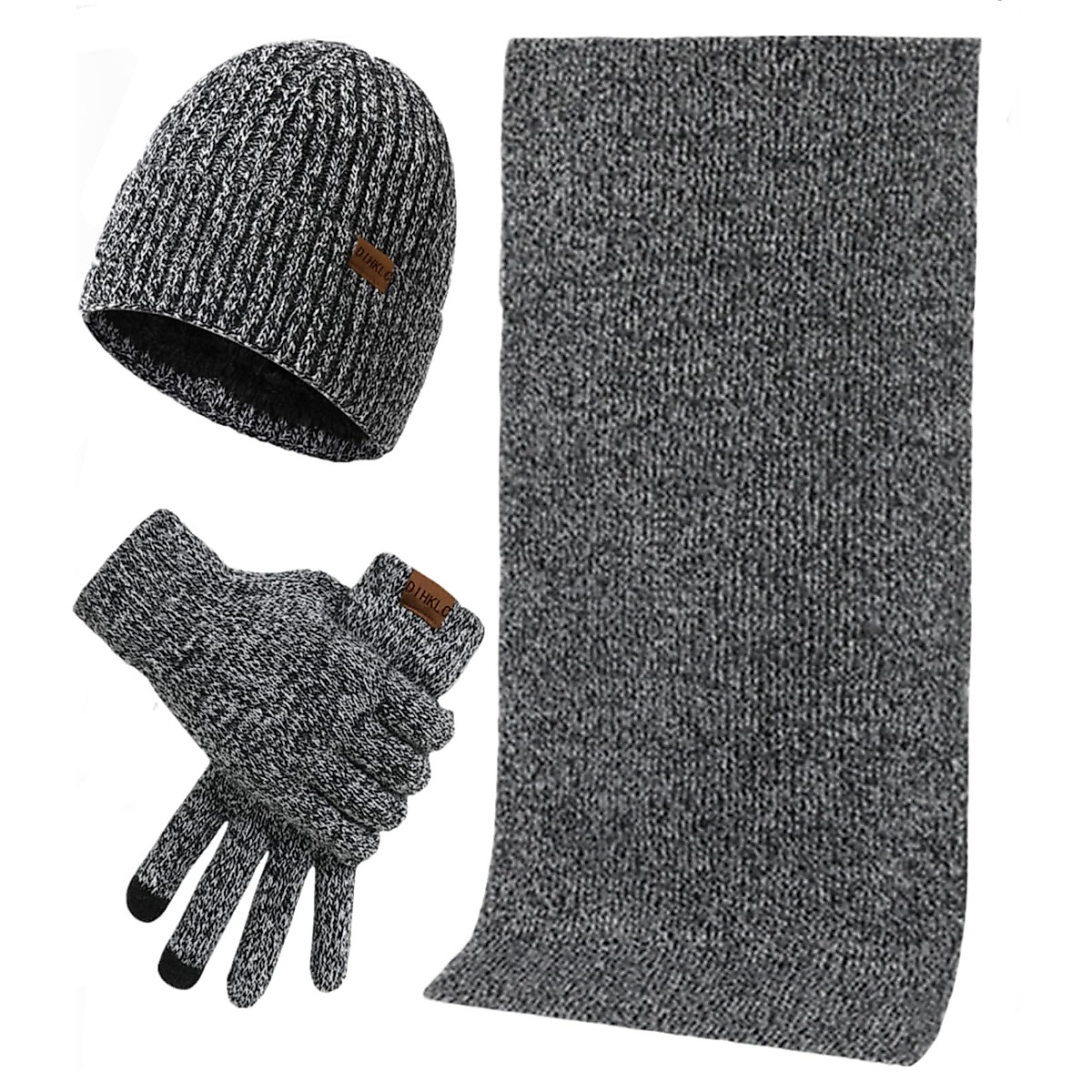 Winter Hat Scarf Glove set for Men Men's 3 Pcs Touchscreen Anti-Slip Gloves Knit Stretchy Beanie Hat and long Scarf Set (Hemp gray)