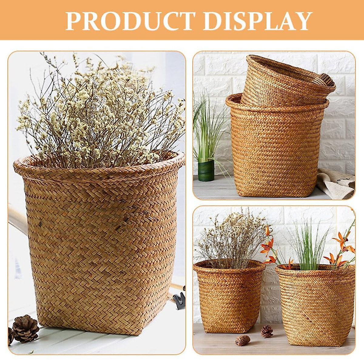 ABOOFAN Wicker Waste Basket Straw Woven Trash Can Rustic Garbage Container Bin Flower Basket for Bathroom Kitchen Home Office M
