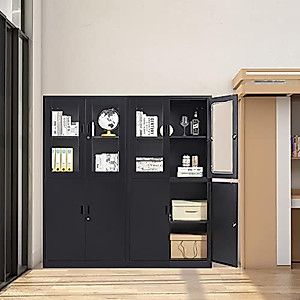 STANI Metal Storage Cabinet, Display Cabinet with Glass Doors, Locking Storage Cabinet with 4 Doors and Adjustable Shelf, Freestanding Metal Cabinet for Home Office Kitchen School