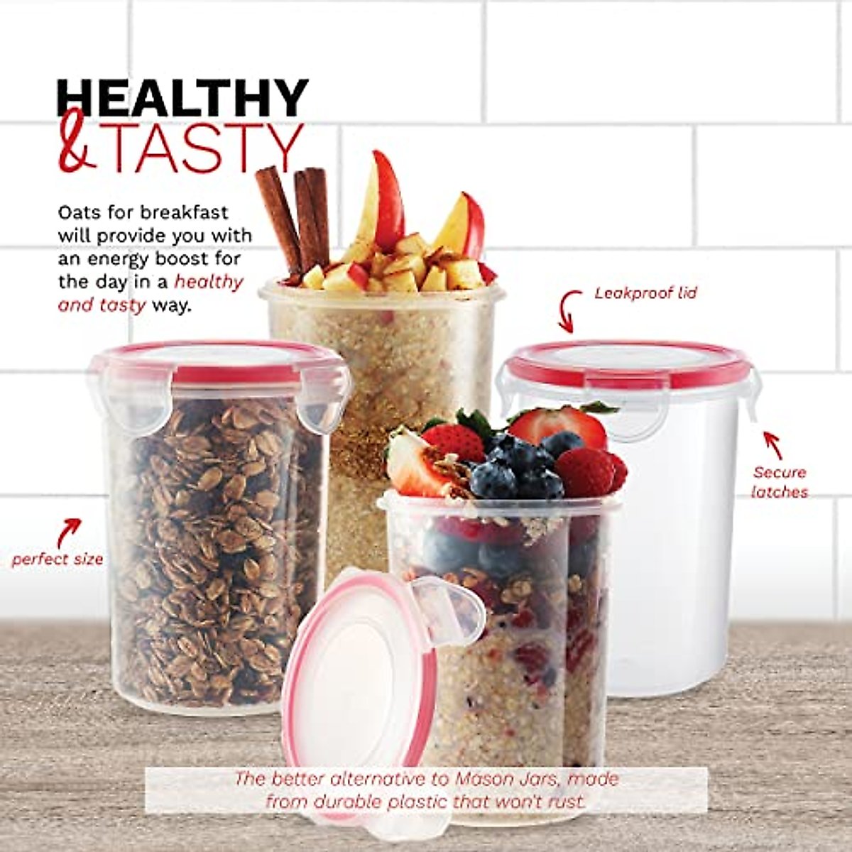 Overnight Oats Container with Lids (Set of 4) | Oatmeal Container To-Go | Overnight Oats Jars with Lid | Cereal and Milk Container On The Go | Oatmeal Storage Container | Leakproof lids, BPA Free