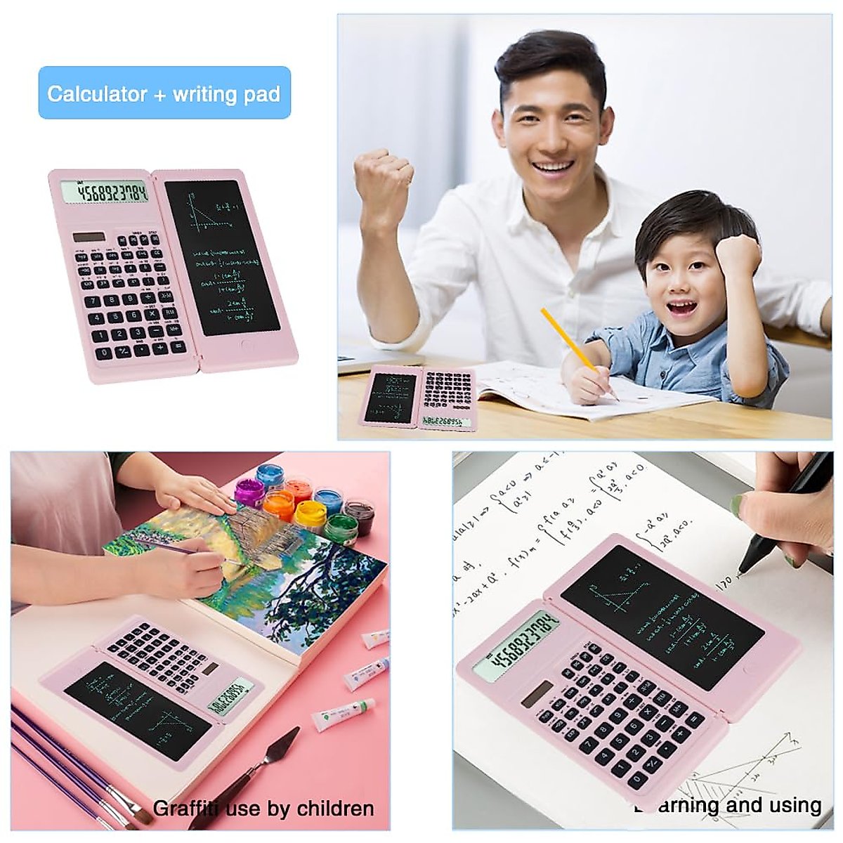 LveSunny Scientific Calculators for Middle School & High School, Solar and Battery Power with Notepad for School，10 Digits Digital with Erasable Writing Board Math Calculator (Pink)