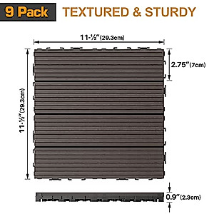 Goovilla Wood Plastic Composite Interlocking Patio Deck Tiles 9 Pack (9 sq. ft), 12"x12" Waterproof Indoor Outdoor Flooring All Weather Use, Balcony Floor Covering Tile, Decking Tiles, Dark Coffee