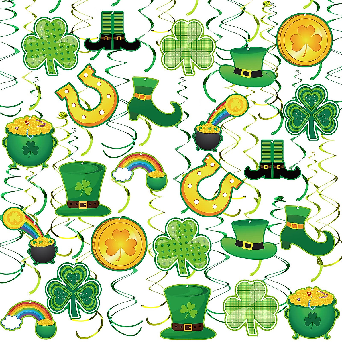 St Patricks Day Decorations Hanging Swirls Shamrock Clover Leprechaun Horseshoe Ceiling Foil Swirls for Lucky Day Party Supplies 36Pcs