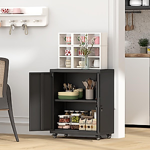 GREATMEET Metal Storage Cabinet with Locking Doors and Adjustable Shelf, Folding Filing Storage Cabinet with Wheels, Rolling Storage Locker Cabinet for Home Office,School,Garage, Black