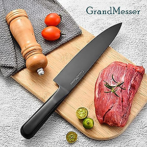 GrandMesser Cooking Chef Knife, 8 Inches Carbon Stainless Steel Kitchen Knife with Sharpener and Ergonomic Handle, Chopping Knife for Professional Use (Titanium Black)