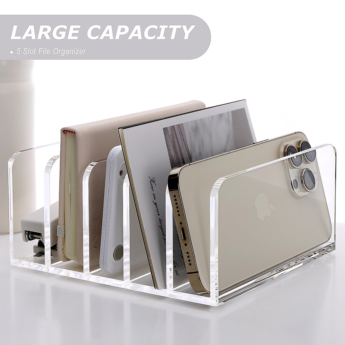 SANRUI Clear Desktop File Organizer, 5 Compartments Acrylic Office Document Sorter Mails Storage, Multifunction Letter Folder Racks Holders for Office,Home, School Desk Organization