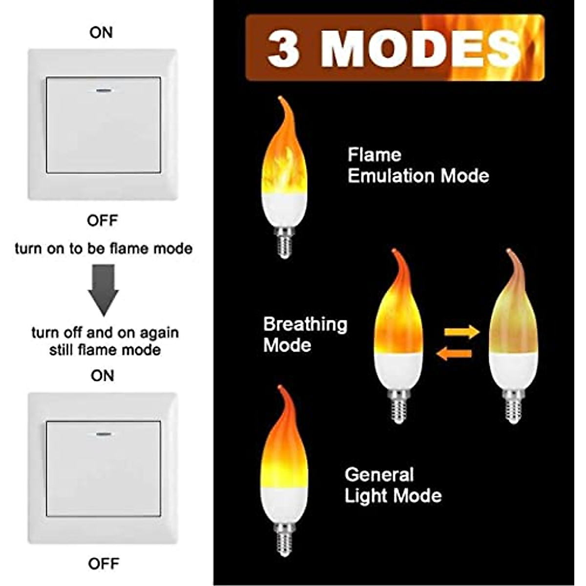 Ladiwanka E12 LED Candelabra Flame Light Bulbs for Outdoor Use, 3 Mode 1.2 Watt 1800K Warm White Orange Led Flame Bulb, Halloween Christmas Light Bulb, 4 Packs