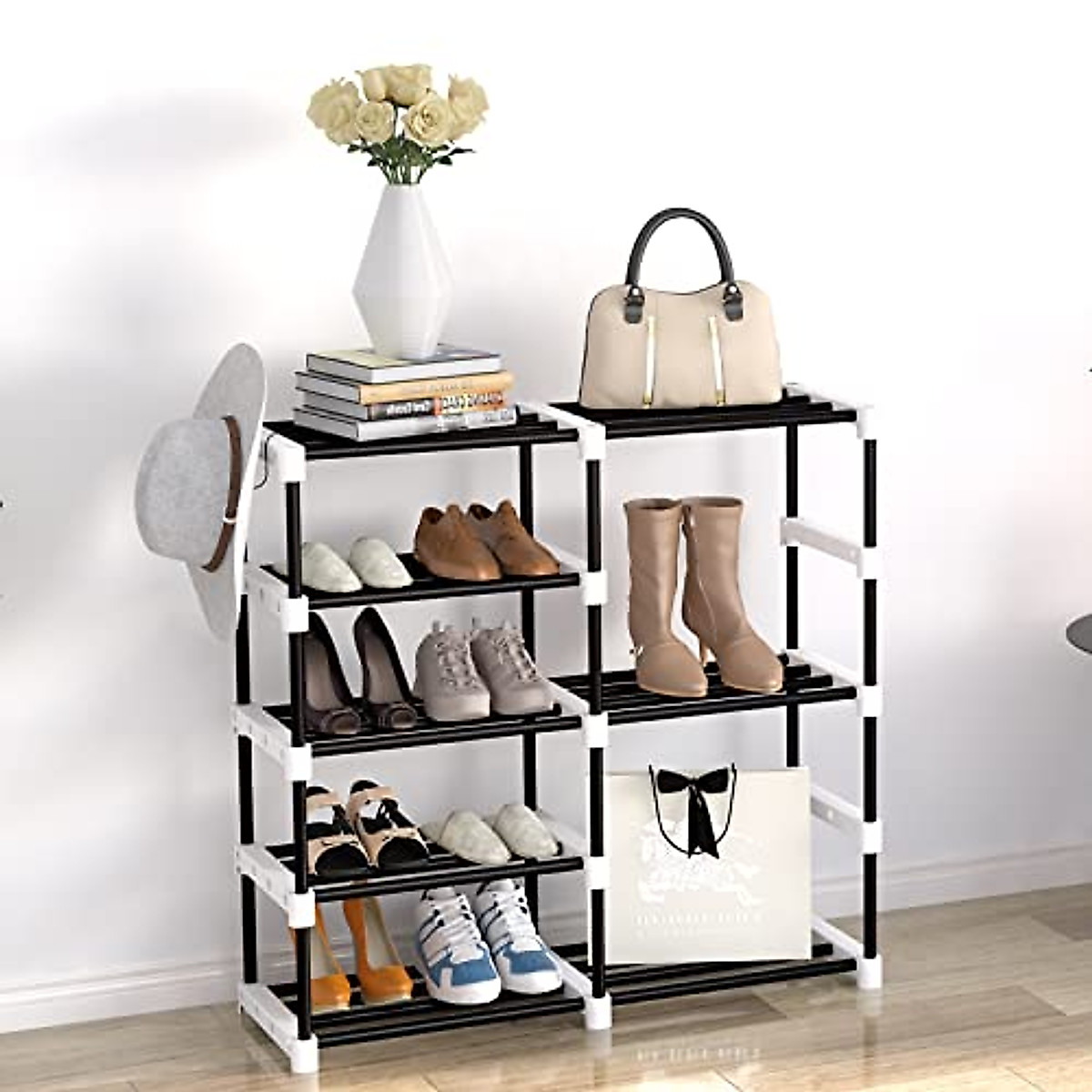 SRQMQ Sturdy Metal Shoe Rack Organizer, 8 Tiers Vertical Shoe Rack Holds 16 Pairs Shoes for Entryway, Bedrooms and Stair Passage