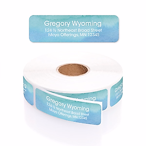 Aqua Blue Watercolor Rolled Address Labels/Roll of 250 Personalized Return Address Labels/Designer Return Address Stickers in Elegant Plastic Dispenser